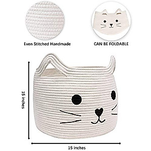 VK VK·LIVING Animal Hamper Large Woven Animal Cotton Rope Storage Basket Laundry Basket Organizer With Cat Design for Towels Blanket Toys Clothes Pet Hamper for Cat 15 L x 15 H