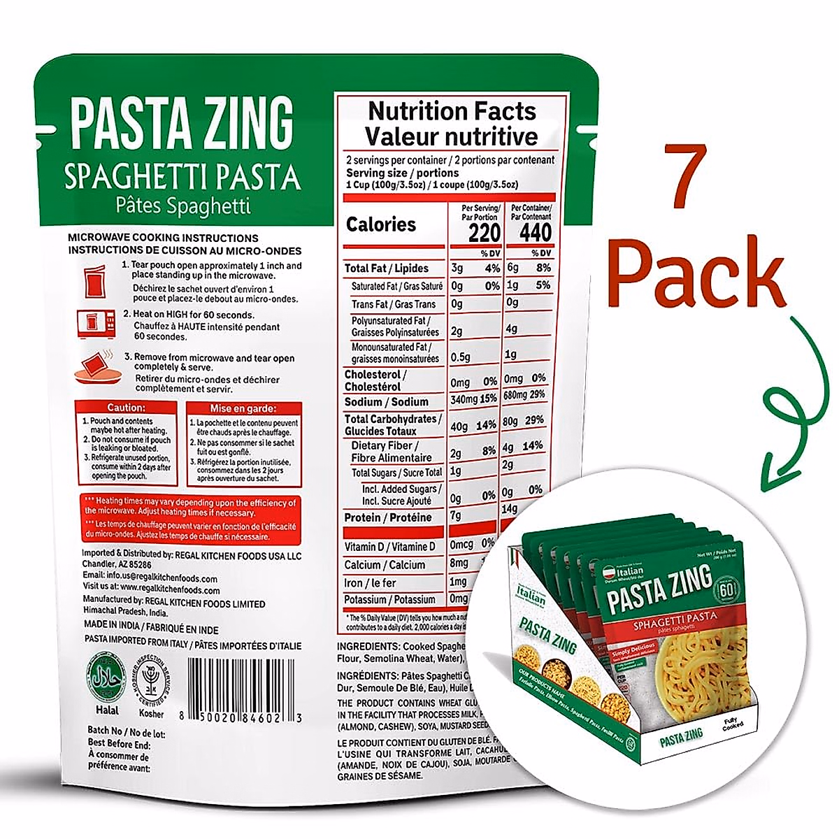 Pasta Zing Spaghetti Pasta Pack of 7, 7.05 Ounce, | Ready To Eat in 60 Sec | Pasta -100% Italian Durum Wheat | Natural Ingredients | Pre Made Meals Ready to Eat Fresh