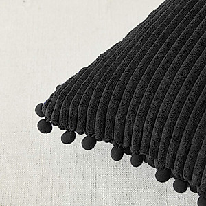 Fancy Homi Pack of 2 Black Lumbar Decorative Throw Pillow Covers with Pom-poms, Soft Corduroy Solid Rectangle Cushion Cases Set for Couch Sofa Bedroom Car Living Room (12x20 Inch/30x50 cm, Black)