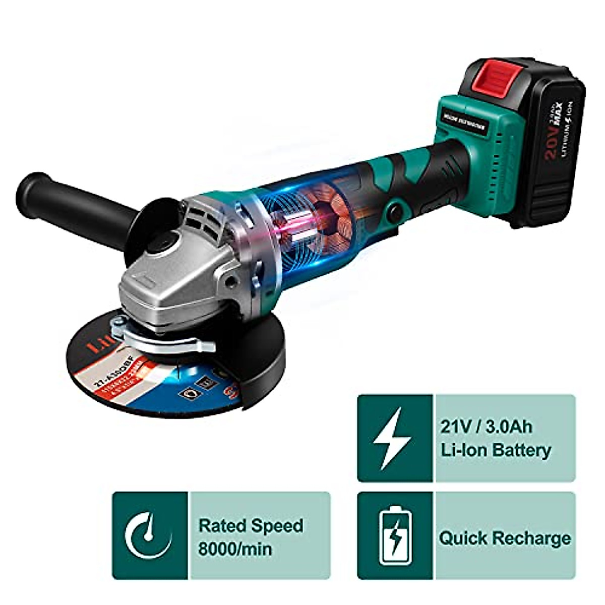 Kinswood Brushless Cordless Angle Grinder 20V 4-1/2” Cut-Off 3.0Ah Lithium-ion Battery & Fast Charger w/Cutting Wheel & Grinding Wheel