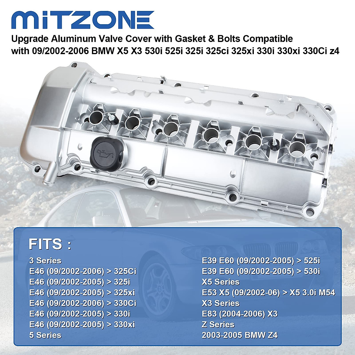 MITZONE Upgrade Aluminum Valve Cover kit Compatible with 2002-2006 BMW X5 X3 530i 525i 325i 325ci 325xi 330i 330xi 330Ci z4 Replace 11127512839