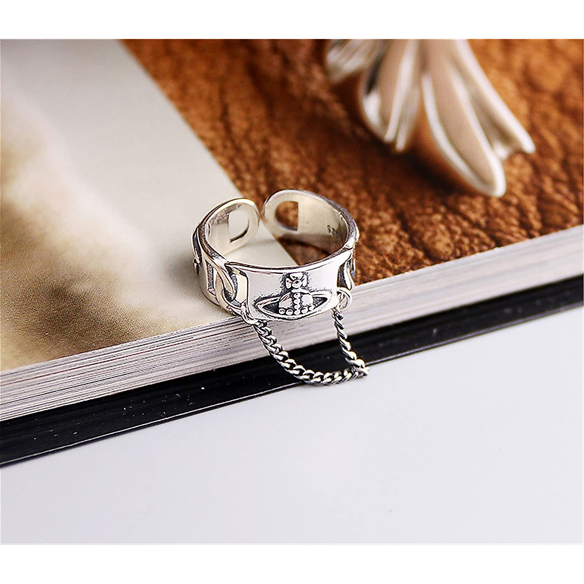 Beccalame Saturn Chain Sterling Silver Adjustable Ring Y2K Edgy Rings Fashion Handmade Jewelry Gift For Women Men Tassel Dangling Chain Ring