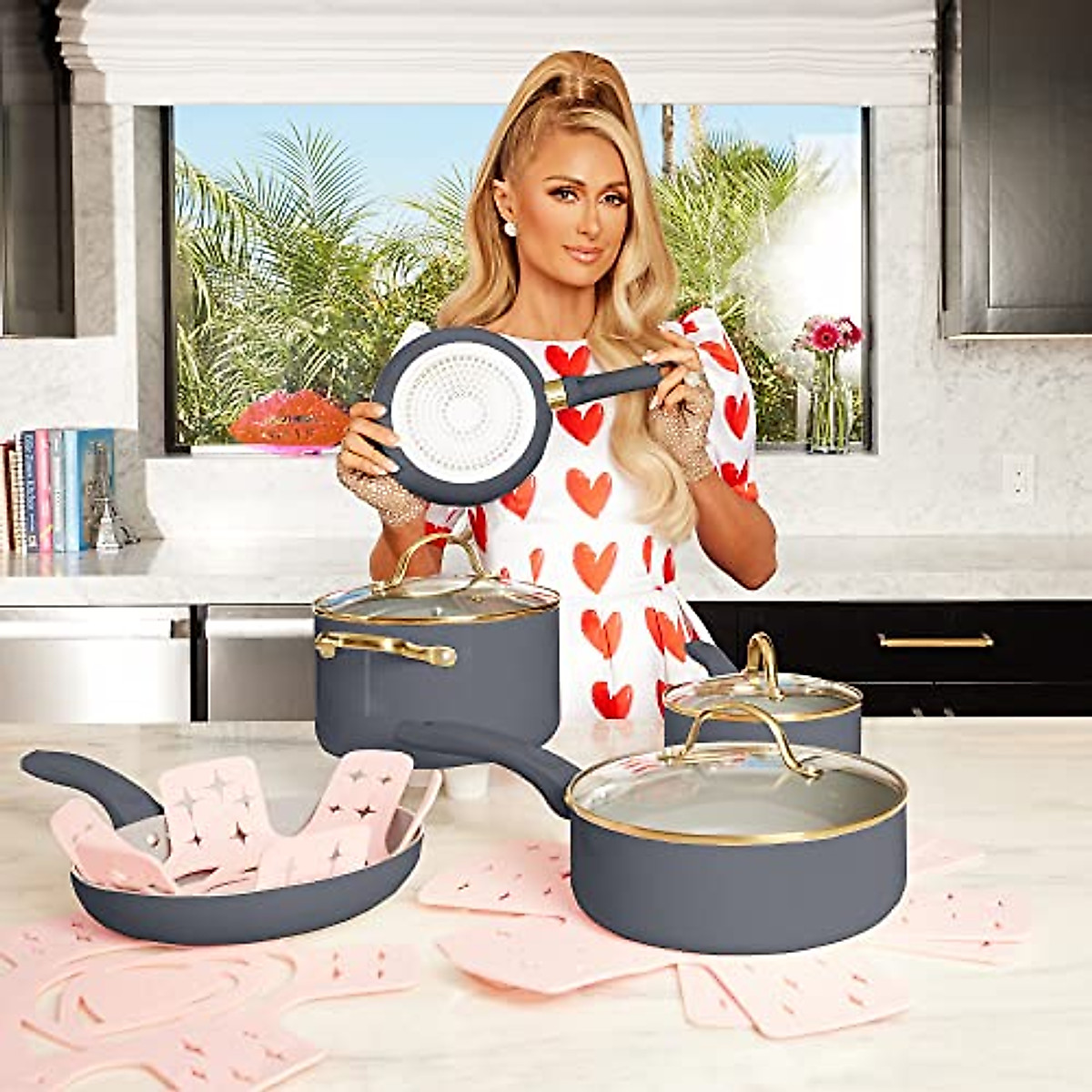 Paris Hilton Epic Nonstick Pots and Pans Set, Multi-layer Nonstick Coating, Tempered Glass Lids, Soft Touch, Stay Cool Handles, Made without PFOA, Dishwasher Safe Cookware Set, 12-Piece, Charcoal Gray