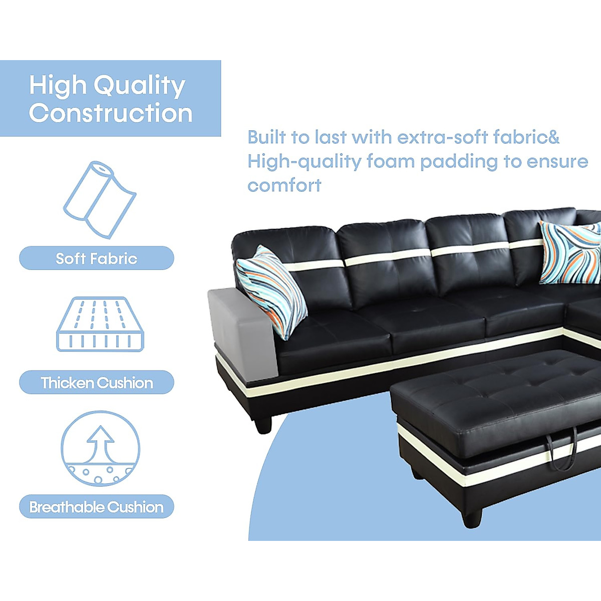 Caberryne Sectional Couch for Living Room Furniture Set Black,Sectional Sofa Set L Shape Sofa and Chaise with Storage Ottoman for Living Room/Apartment（Black,Facing Left Chaise）