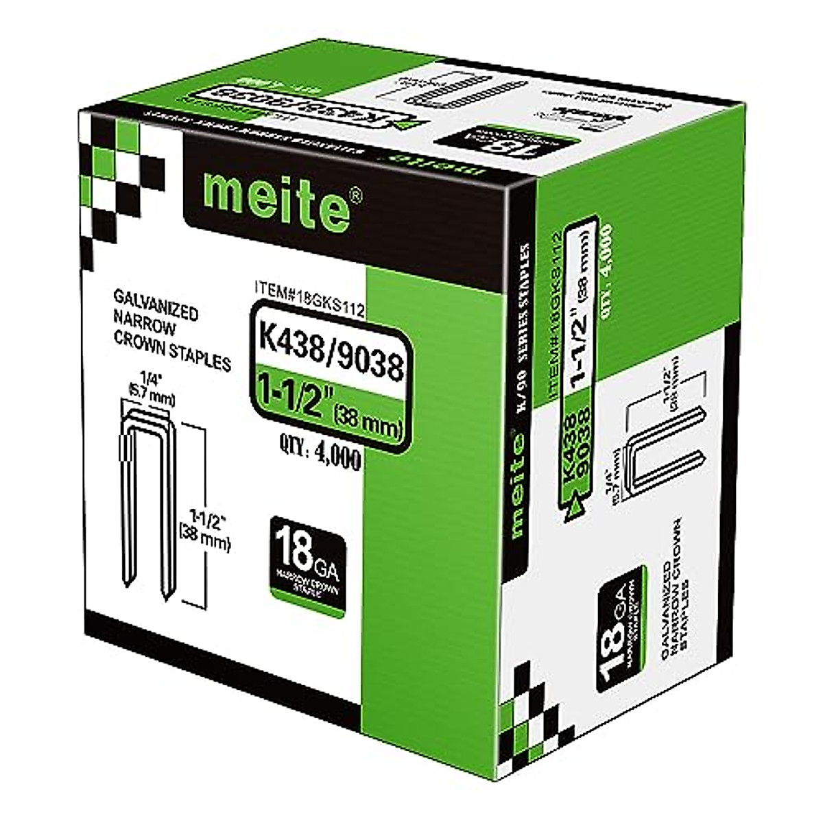 meite 18 Gauge 1/4-Inch Narrow Crown Staples, 1-1/2-Inch Length Heavy Duty Galvanized Upholstery Staples for Electric or Pneumatic Narrow Crown Stapler Guns (4,000 PCS)