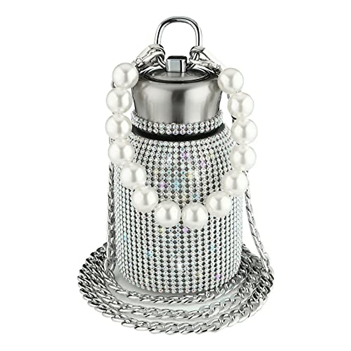 Tmore Glitter Rhinestone Water Bottle Bling Diamond Stainless Steel Thermal Bottles 9.47oz/280ml Sparkling Refillable Insulated Vacuum Thermoses with Chain (Silver)