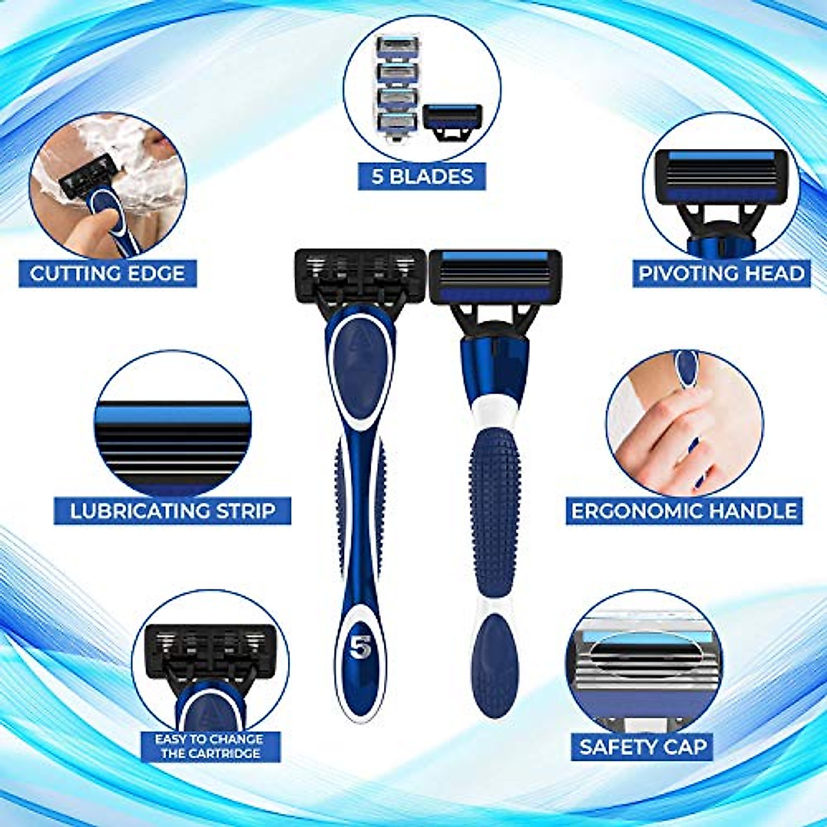 5 Blade Razors for Men with Dual Lubrication and Precision Trimmer Men's Shaving Razor with 4 Cartridge Refills