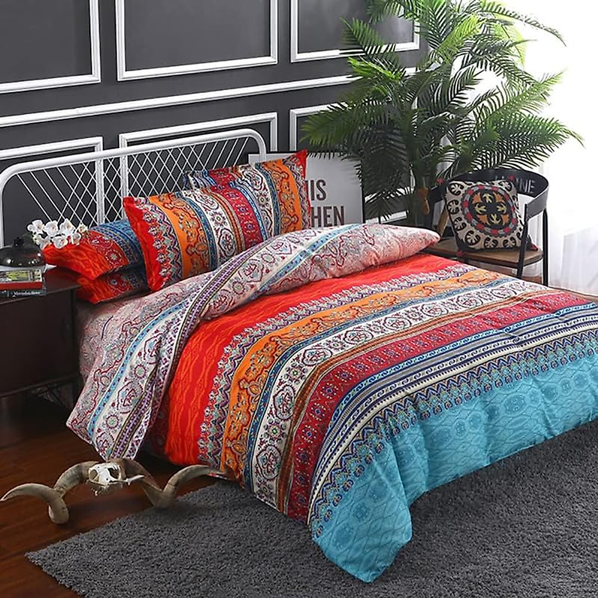 Elmiansly 3PCS Boho Style Floral Printed Duvet Cover Full Set, Exotic Indian Bedding Linen Set, Ultra Soft Comforter Cover Folk Quilt Cover 78 X 90 inches & 2 Pillow Shams for All Seasons