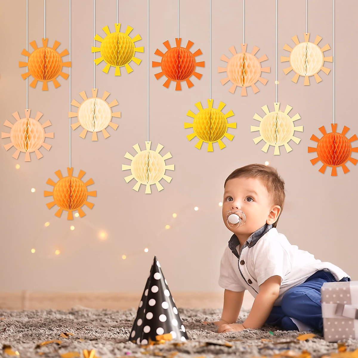 12PCS Boho Sun Party Decorations Balls Boho Sun Birthday Party Hanging Pom Poms Honeycomb First Trip Around The Sun Boho Sun Party Tissue Balls for Hippie Retro Themed Baby Shower Birthday Supplies