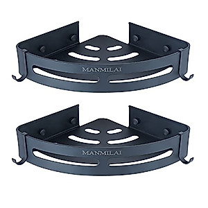 Adhesive Bathroom Shower Corner Shelf Wall Mounted,Shower Caddy Organizer with Removable Hooks, Aluminum Storage Shelves for Bathroom and Kitchen (Black triangle double basket)