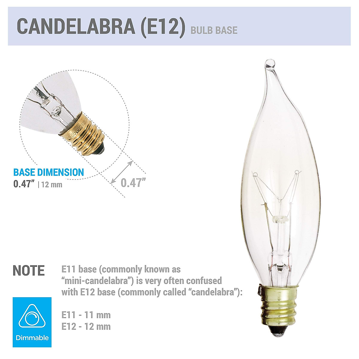 KOR (Pack of 12) 25-Watt Clear Candelabra Base (E12) Flame Tip 120V Decorative Dimmable 25W Chandelier Lights Bulbs