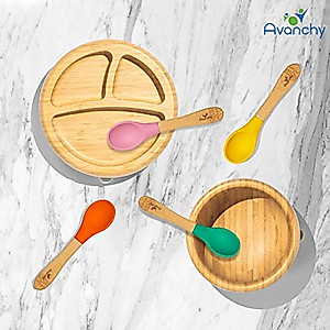 Avanchy Baby Divided Bamboo Plate, Bowl & Spoons Set - Baby Cutlery - Bamboo Kids Bowl - BPA Free Bowl - Bamboo Kids Utensils - Baby Divided Plate, Bowl, and Spoons Set, Green