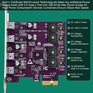 FebSmart 4X 5Gbps USB-C Ports PCI Express USB 3.0 Expansion Card for Windows 11, 10, 8.x, 7, Vista, XP Desktop PCs, Built in Self-Powered Technology, No Need Additional Power Supply (FS-U304C-Pro)