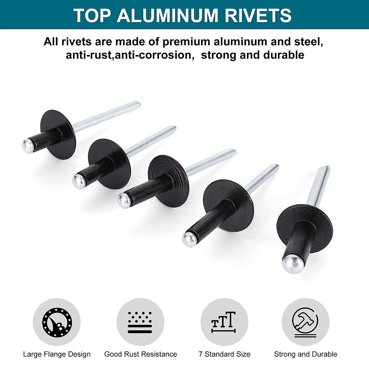 SATANTECH 200PCS Black Rivets Pop Rivets Assortment Kit, Large flange Aluminum Rivets(1/8" 3/16" 1/4") Assorted Blind Rivets with Case