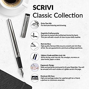 SCRIVI PENS Fountain Pen Set [Extra Fine Nib], Classic Collection; Gift Case; 2 Ink Cartridges, Ink Refill Converter, Calligraphy, Smooth Writing Pens [Silver Chrome Trim], Perfect for Men and Women