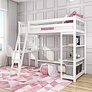 Max & Lily High Loft Bed, Twin Bed Frame for Kids With Bookcase and Desk, White