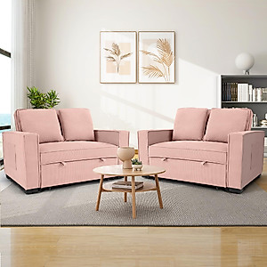 SEJOV 52" Convertible Sofa Bed, 3-in-1 Sleeper Sofa Pull-Out Bed, Multi-Functional Corduroy Futon Couch with Adjustable Backrest and Cup Holders, Loveseat Sofa for Small Space, Living Room, Pink