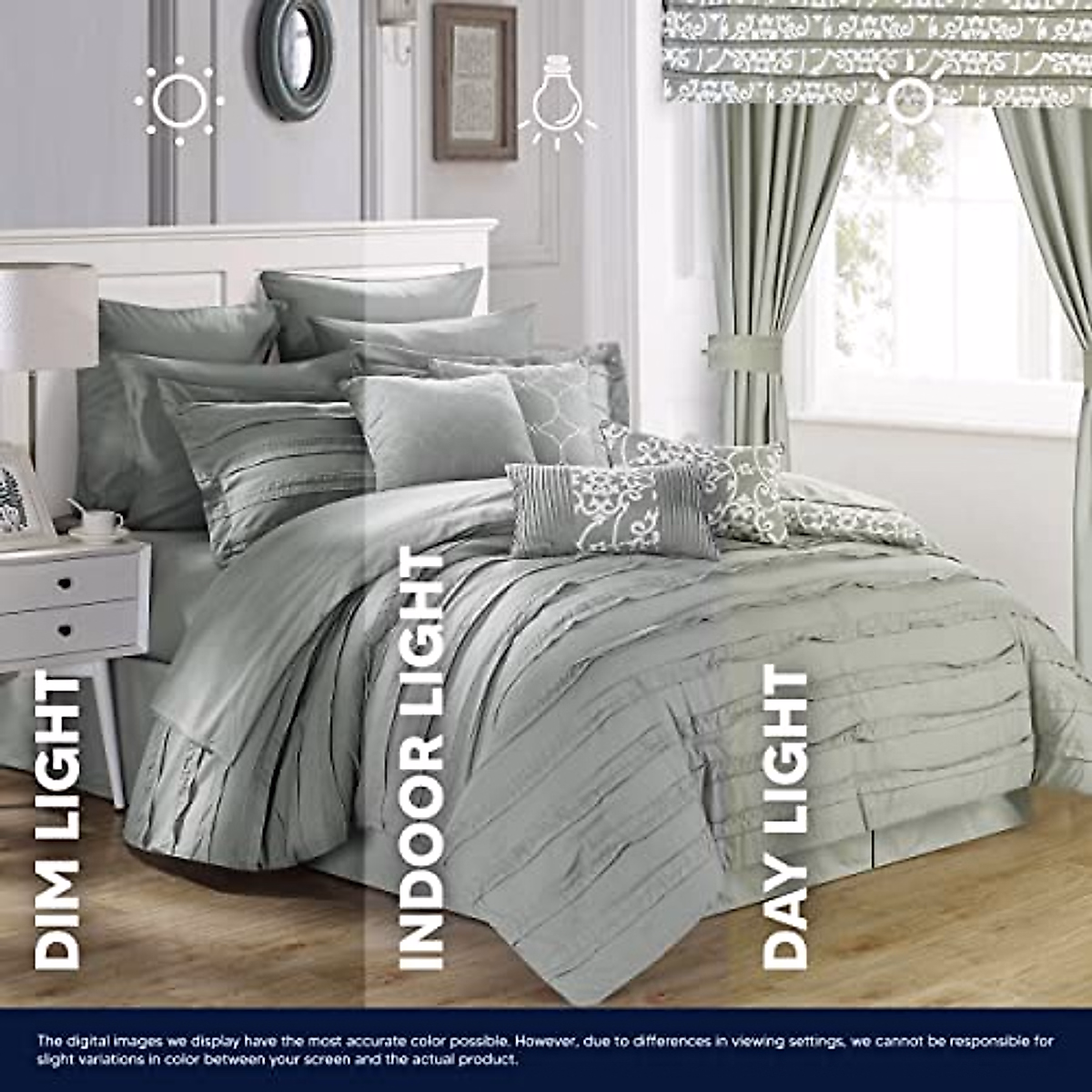 Chic Home Hailee 24 Piece Comforter Set Complete Bed in a Bag Pleated Ruffles and Reversible Print with Sheet Set and Window Treatment, Queen Silver,CS1966-AN