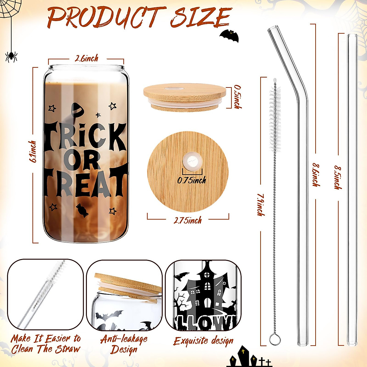 Umigy 12 Pcs Halloween Cups 16oz Halloween Mason Jar with Lid Straw Halloween Tumbler Ghost Iced Coffee Cups Beer Glassware Cookie Jar Gift Drinking Water Bottles Halloween Decoration (Retro Style)