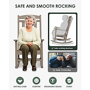 Adiromoti Outdoor Rocking Chair Set of 2, All-Weather Resistant Poly Lumber Rocker Chair Outdoor, High Back Plastic Patio Rocking Chairs for Outside Porch Rocker Garden Lawn, Weather Wood