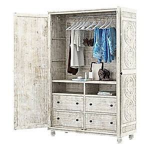 Khalifa Hand Carved Wardrobe Armoire - Weathered White Finish Mango Wood