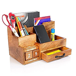 Wooden Desk Organizers for Home & Office – Large Rustic Mail Holder w/ Bonus Holiday & Date Blocks – Wooden Letter Organizer for Desk – Vintage Aesthetic Office Supplies – Natural Wood, 6” x 12” x 7”