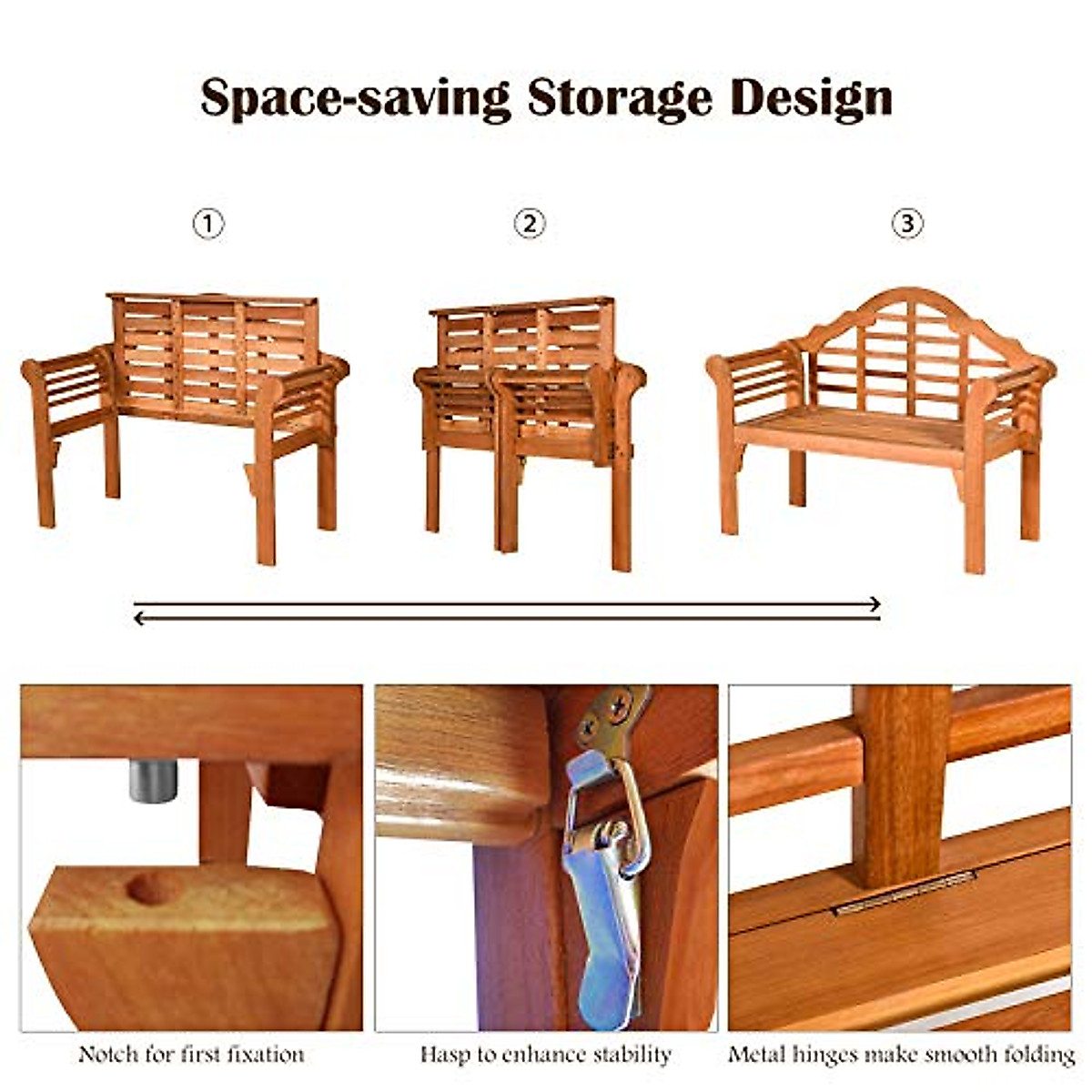 RELAX4LIFE Wooden Garden Bench for Outdoors & Indoor Patio Foldable Bench 4 Ft with Crown-Like Backrest and Curved Armrest Poolside, Porch, Balcony, Garden Eucalyptus Two Person Loveseat Chair