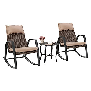 ARTLOFT 3 Piece Rocking Chairs Wicker Outdoor Patio Furniture Set Balcony Chairs Conversation Sets with Coffee Table for Porch, Garden, Backyard, Deck (Beige)