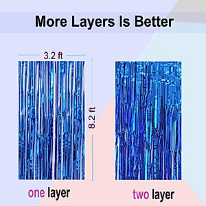 EUFARS Blue Foil Fringe Curtain- 4 Pack of 3.2x8.2ft Blue Streamers Backdrop Curtains for Blue Party Decorations Blue Photo Booth Backdrop