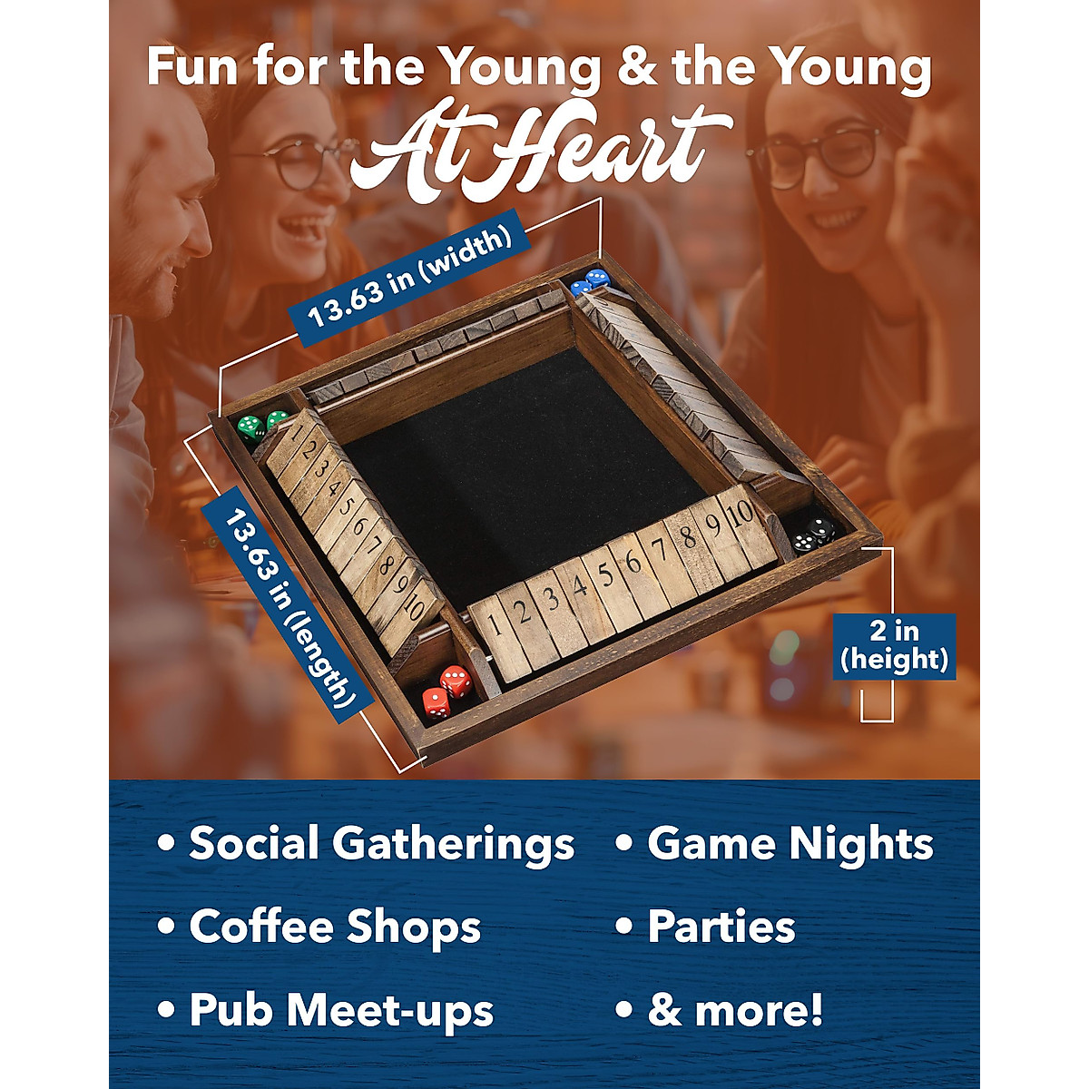 WE Games 14 inch 1-4 Player Shut The Box Wooden Board Game, Walnut Stain