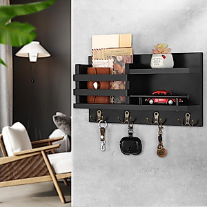 Nekon Key Holder for Wall with Shelf 16.5" W x 8.6" H x 3.7" D, Wood Dog Leash Hanger Key and Mail Organizer Wall Mount, Key Rack Hanger Decorative for Entryway Bedroom (Black)