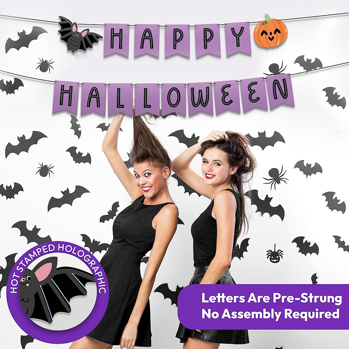HOUSE OF PARTY Happy Halloween Banner - Happy Halloween Sign - Happy Birthday Halloween Banner - Indoor Halloween Party Decoration with Bat and Pumpkin - Perfect for Mantle, Halloween Party Decor!