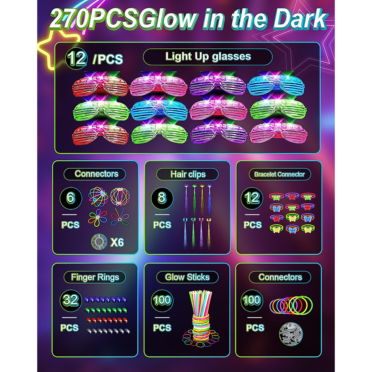 270 PCS Glow In The Dark Party Supplies for Kids Adults, 100 Glow Sticks Bulk Party Pack Light Up Party Favors, 12 LED Glasses, 32 Finger Lights, 8 LED Hair Clips for Wedding Birthday Halloween