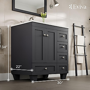 Eviva Acclaim 30 x 22 Inch Bathroom Sink Vanity Dark Grey Single Sink w/Carrara Quartz Top Modern Bathroom Vanity and Sink for Contemporary - Small Bathroom Sink Cabinet w/Soft Closing Drawers