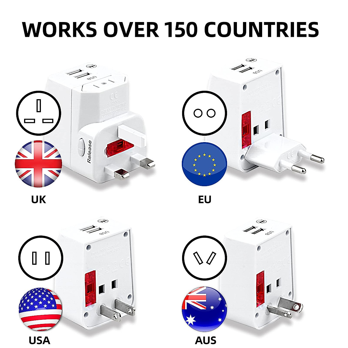 Universal Travel Adapter - 2 USB Ports Wonplug International Power Plug Adapter Small Wall Charger Adaptor for European US UK Thailand NZ Australia 150+Countries White