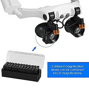 Head Mount Magnifier, Headband LED Illuminated Magnifier with Interchangeable Cold and Warm Lights, Magnifying Glass Lamp with 3X, 4X, 5X, 6X, 7X, 10X, 6 Detachable Lens, for Close Work, Jewelry