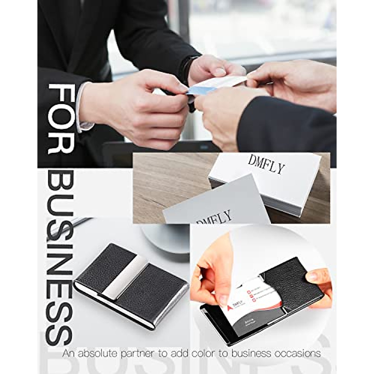 DMFLY Business Card Holder Case - PU Leather Business Card Case Name Card Holder Slim Metal Pocket Card Holder with Magnetic Shut, Black
