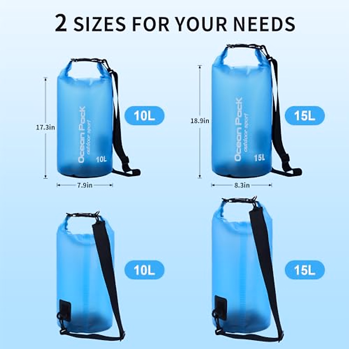 BACK KTCL Waterproof Dry Bag for Women Men,10L/15L Roll Top Lightweight Dry Storage Bag Backpack,Floating Sack with Waterproof Phone Case, Kayaking,Swimming, Camping, Hiking, Beach (Blue, 15L)