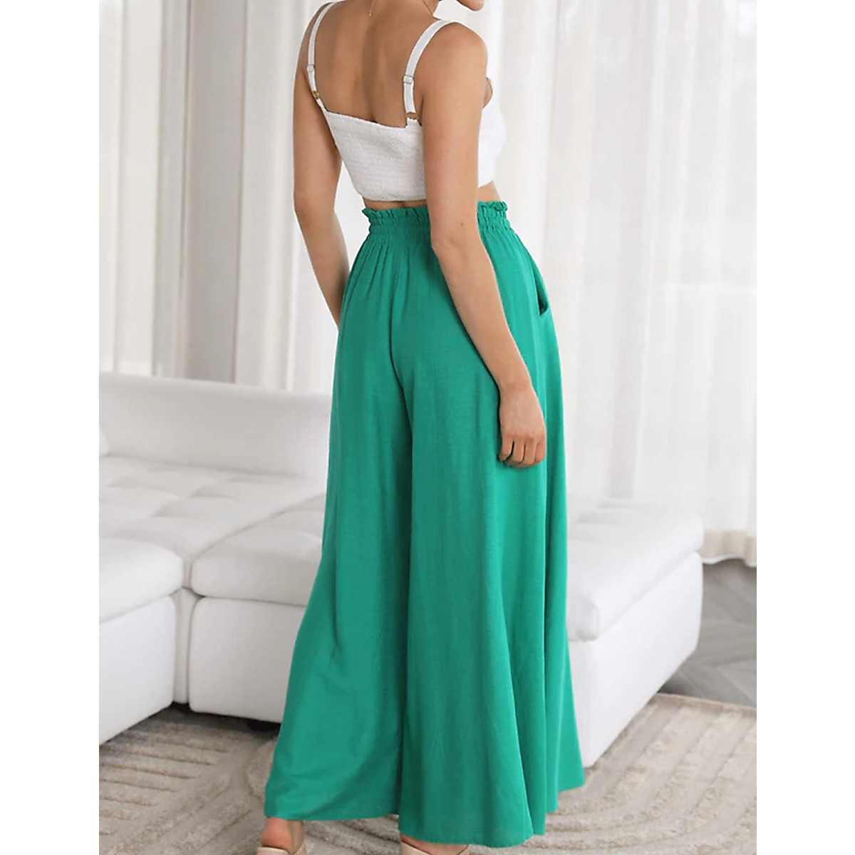 Zontroldy Wide Leg Palazzo Pants for Women High Elastic Smocked Paper Waist Casual Lounge Culottes Pants (0553-Green-XL)