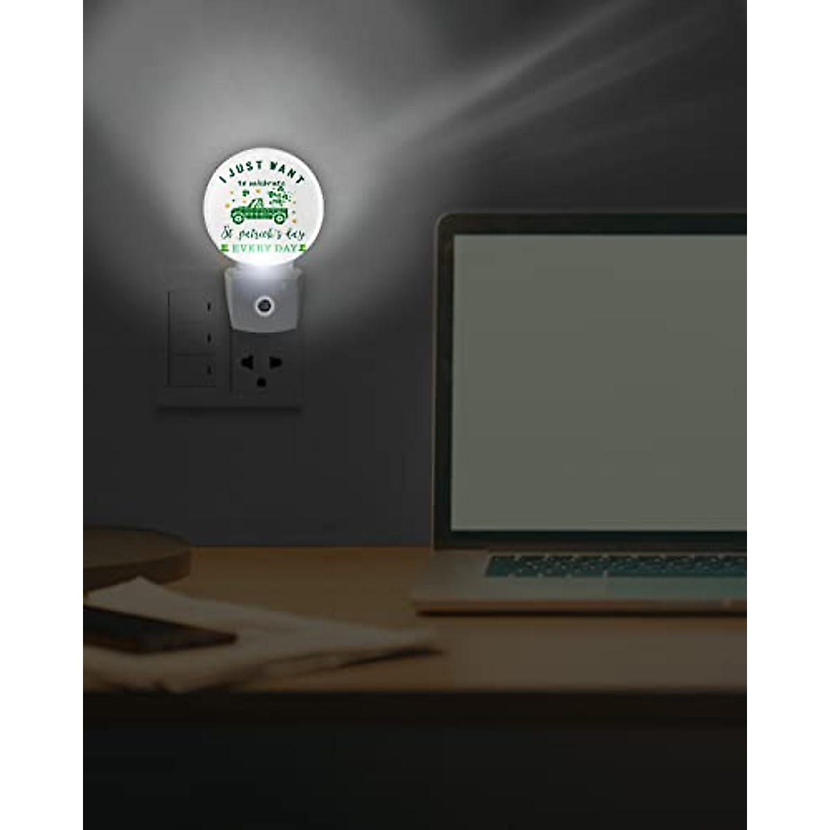 St. Patrick's Day Celebrate Night Lights Plug into Wall, Green Truck Shamrock Auto Round LED Lights with Dusk to Dawn Sensor for Bedroom, Bathroom, Hallway, Kitchen, Kids, Home Decor