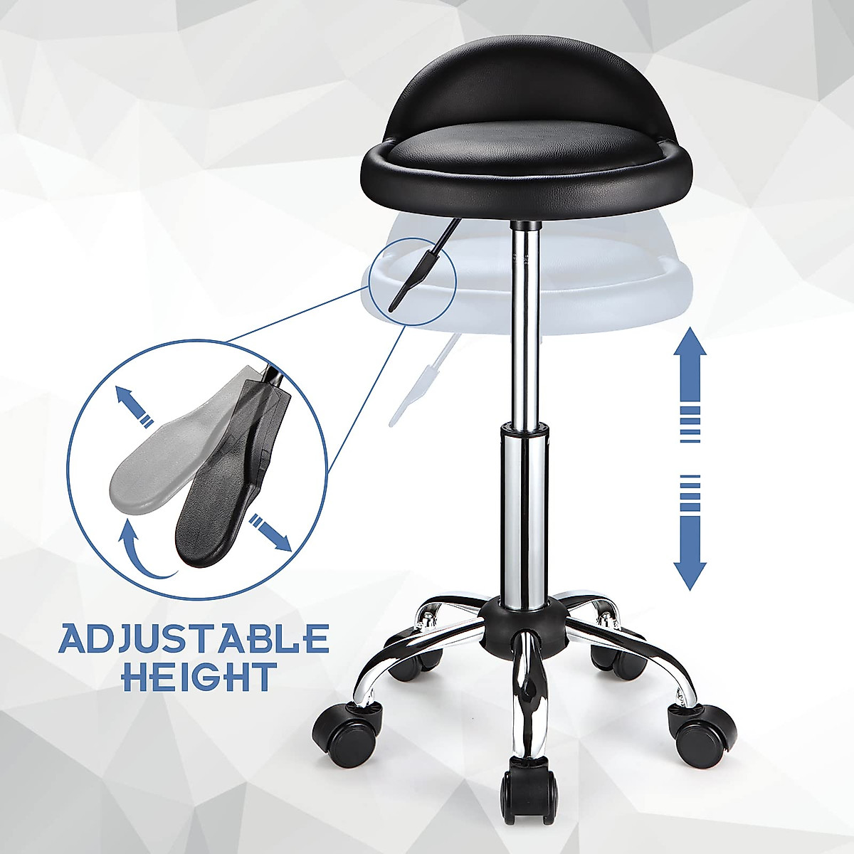 FNZIR Swivel Rolling Stool with Wheels Height Adjustable Stool Drafting Chair with Low Back Black