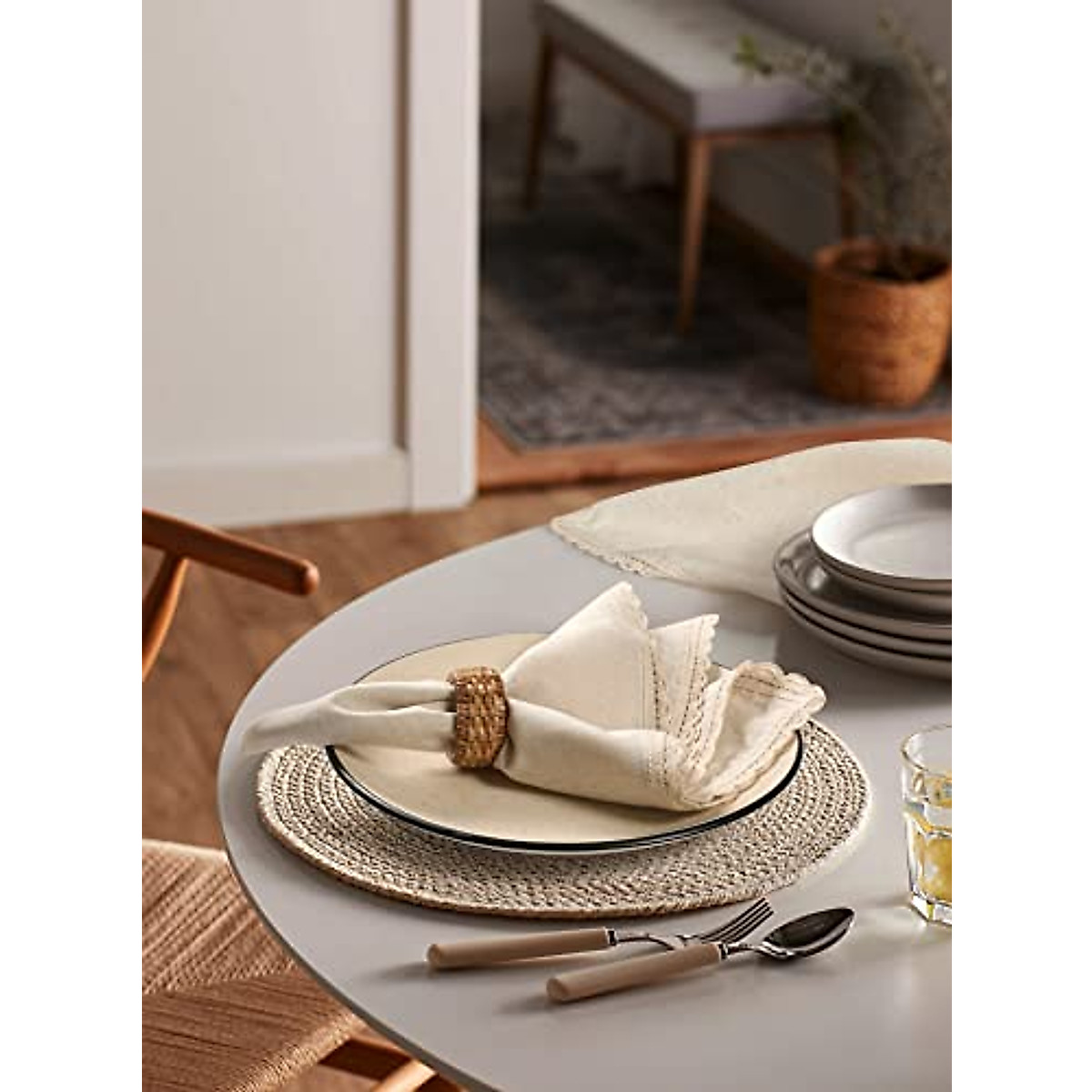 Hausattire Cloth Dinner Napkins in Cotton Flax Fabric with Lace & Tailored Mitered Corners - 20x20 Inches (Set of 12, Natural)