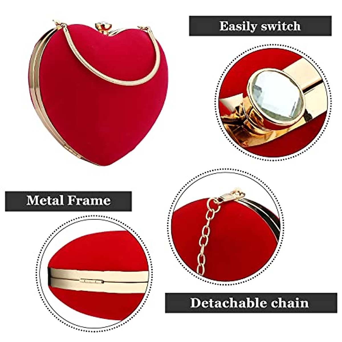 Womens Velour Heart Clutch Bag Vintage Shoulder Handbag Ladies Elegant Purse for Wedding Evening (Red)