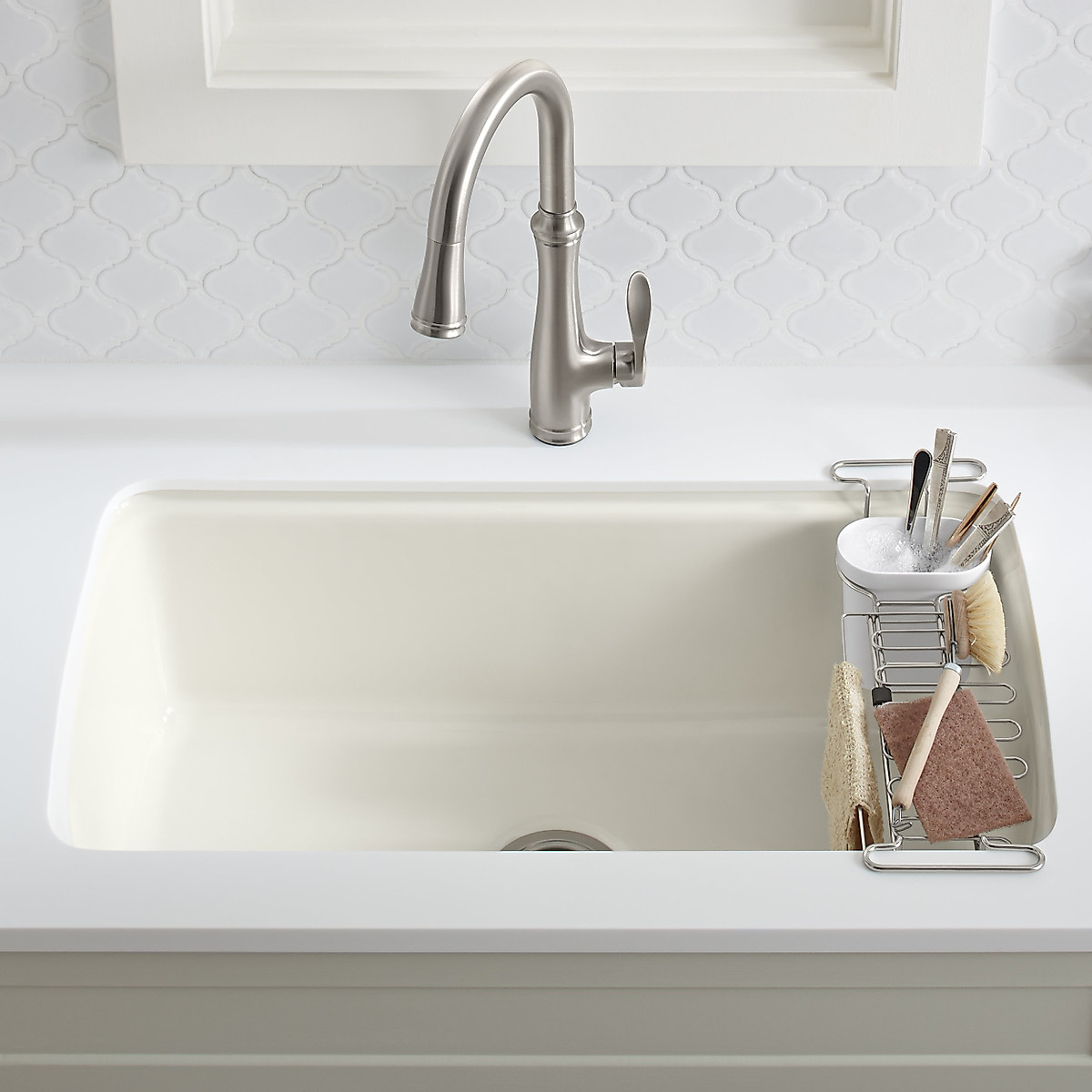 Kohler K-5473-0 Multi-Purpose Over-The-Sink Drying Rack, Caddy with Kitchen Towel Bar Holder, Soaking Cup. Expandable 14.6" to 17.6", White