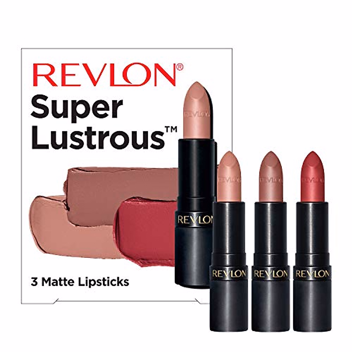 Lipstick Set by Revlon, Super Lustrous 3 Piece Gift Set, High Impact, Matte Finish in Nude Plum & Red, Pack of 3