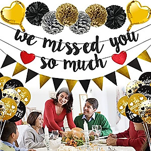 Pimvimcim Home Decorations, 36Pcs We Missed You So Much Banner Balloon Paper Pom Poms Kit, Black Gold Pimvimcim Back Theme Sign Party Supplies, Homecoming Party Decor