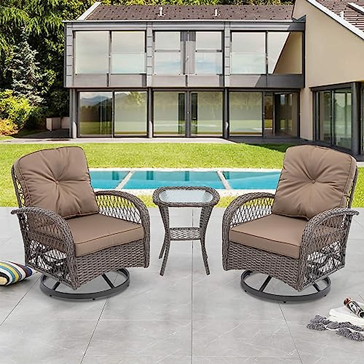 Rocking Chairs for Outside, Wicker Rocking Chairs Set of 2, Patio Rocking Chair with Rattan Table, Rocker Chair Outdoor with Comfortable Cushions, 360° Swivel Rocker Chairs for Yard, Porch, Balcony