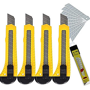 WEKOIL Utility Knives Retractable Box Cutter Pack 4,18mm Wide Snap Off Blade Knife,14 Carbon Steel Blades,Hobby Art Paper Knives with Comfortable Handle,Heavy Duty for Office Home Warehouse,Yellow