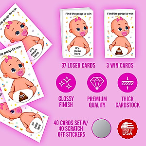 Baby Shower Girl Scratch Off Poop Game, Easy to Play Silly Games, Fun Idea, Ice Breaker Activity. Raffle Cards, Pink Pacifier, Set of 40 Cards Made in USA
