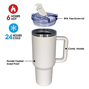 40 oz Tumbler with Handle and Straw Lid,Insulated Reusable Stainless Steel Water Bottle Travel Mug，Cupholder Friendly Double Wall Vacuum Sealed Cup Rice White